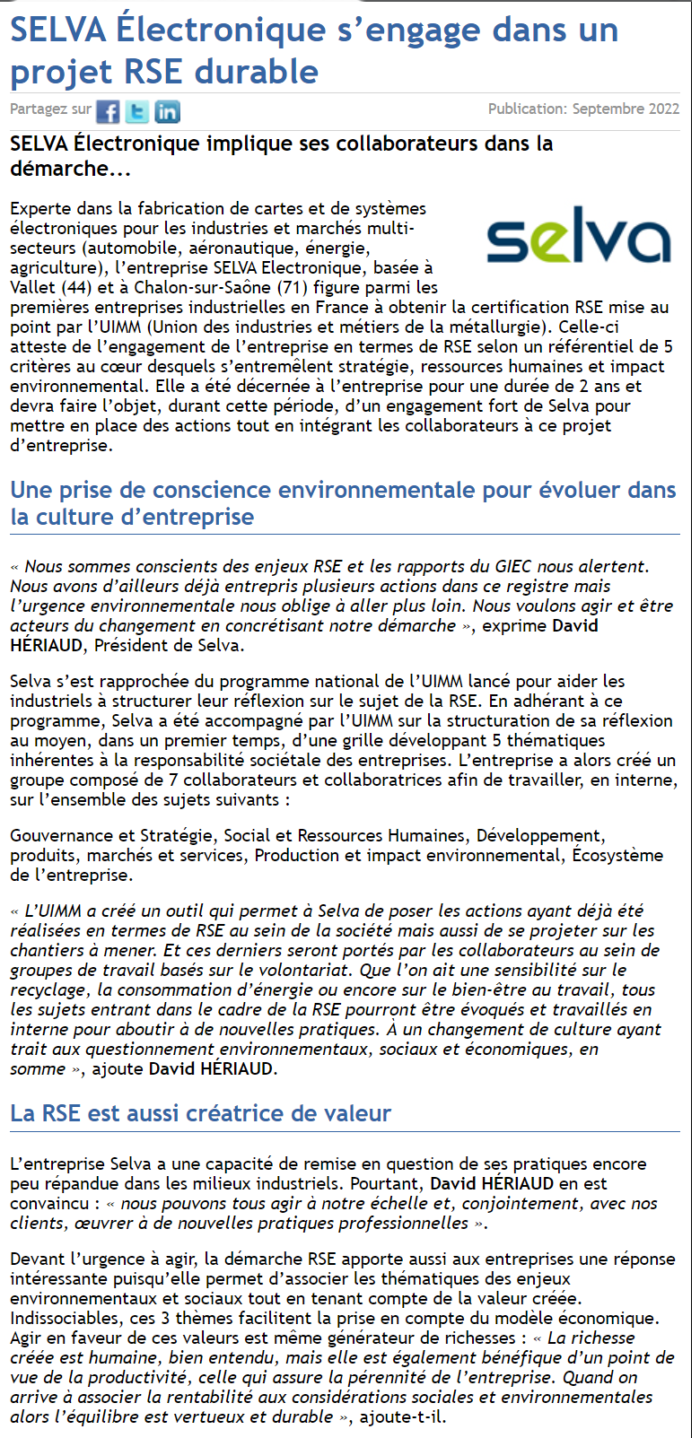 SELVA Électronique s’engage dans un projet RSE durable - Selva Électronique